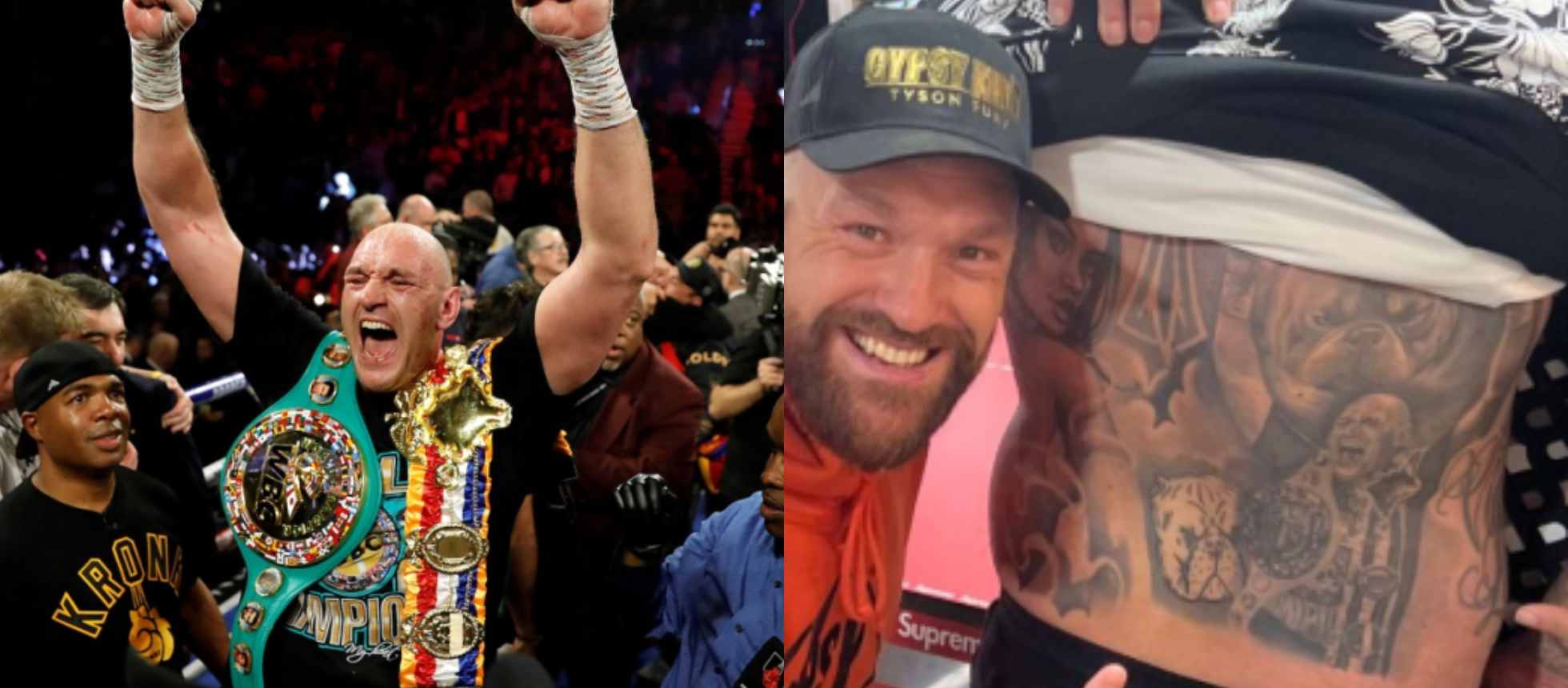 Tyson Fury beams as he meets a fan who has a huge tattoo of him on his back