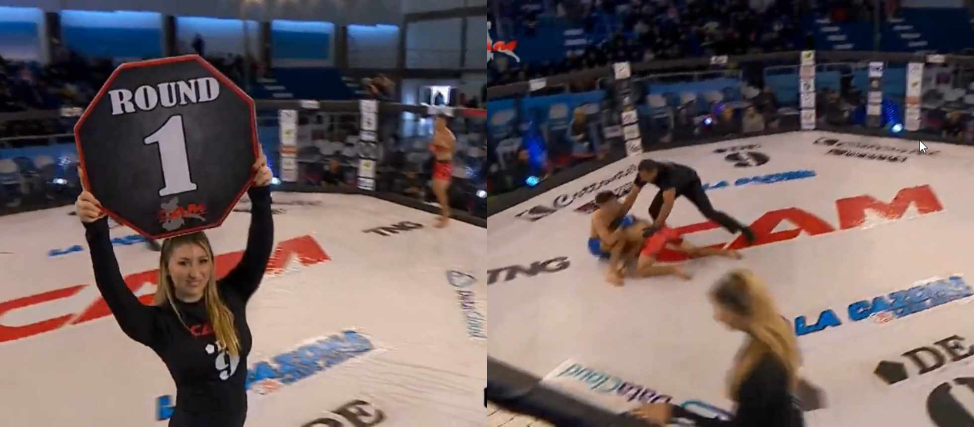 (Video) Ref starts round while ring girl is still inside the cage