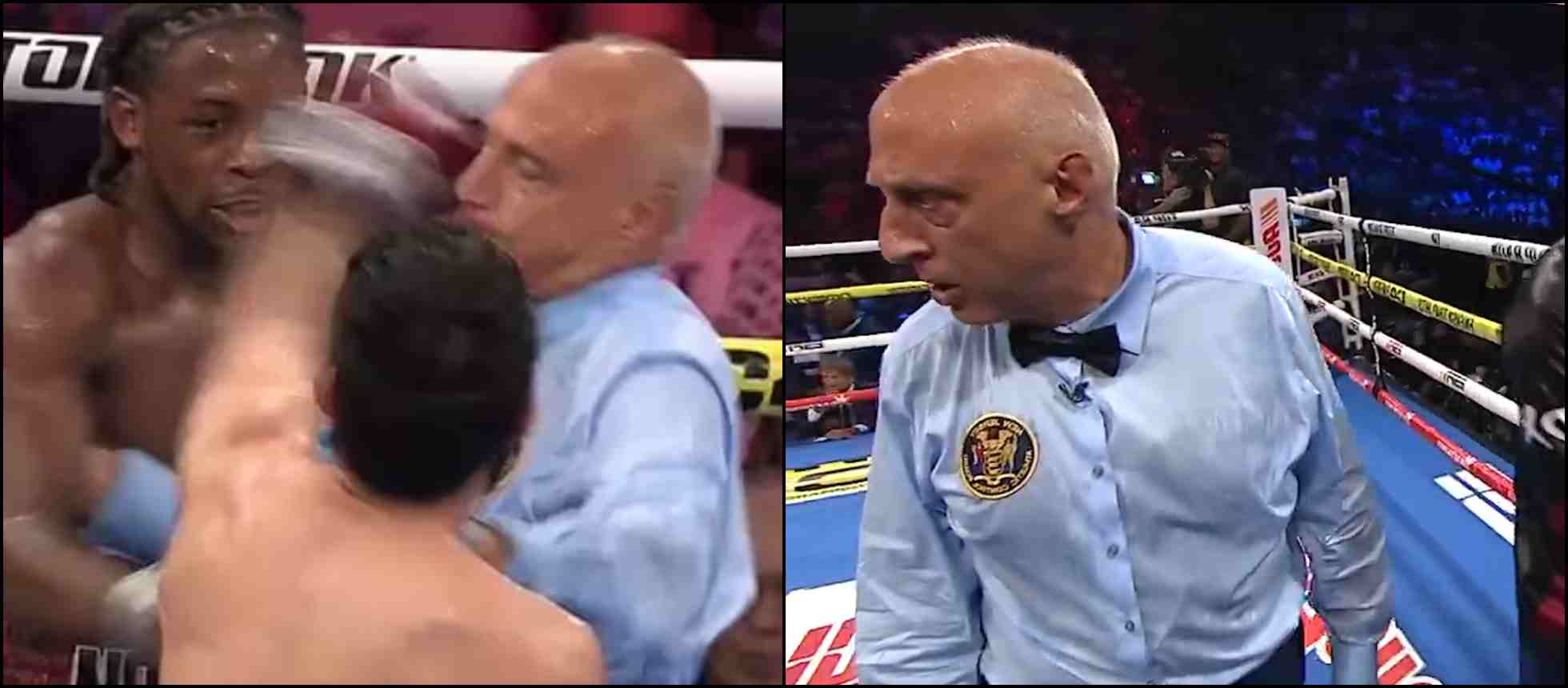 (Video) Ref gets punched during boxing event, demands to know who hit him