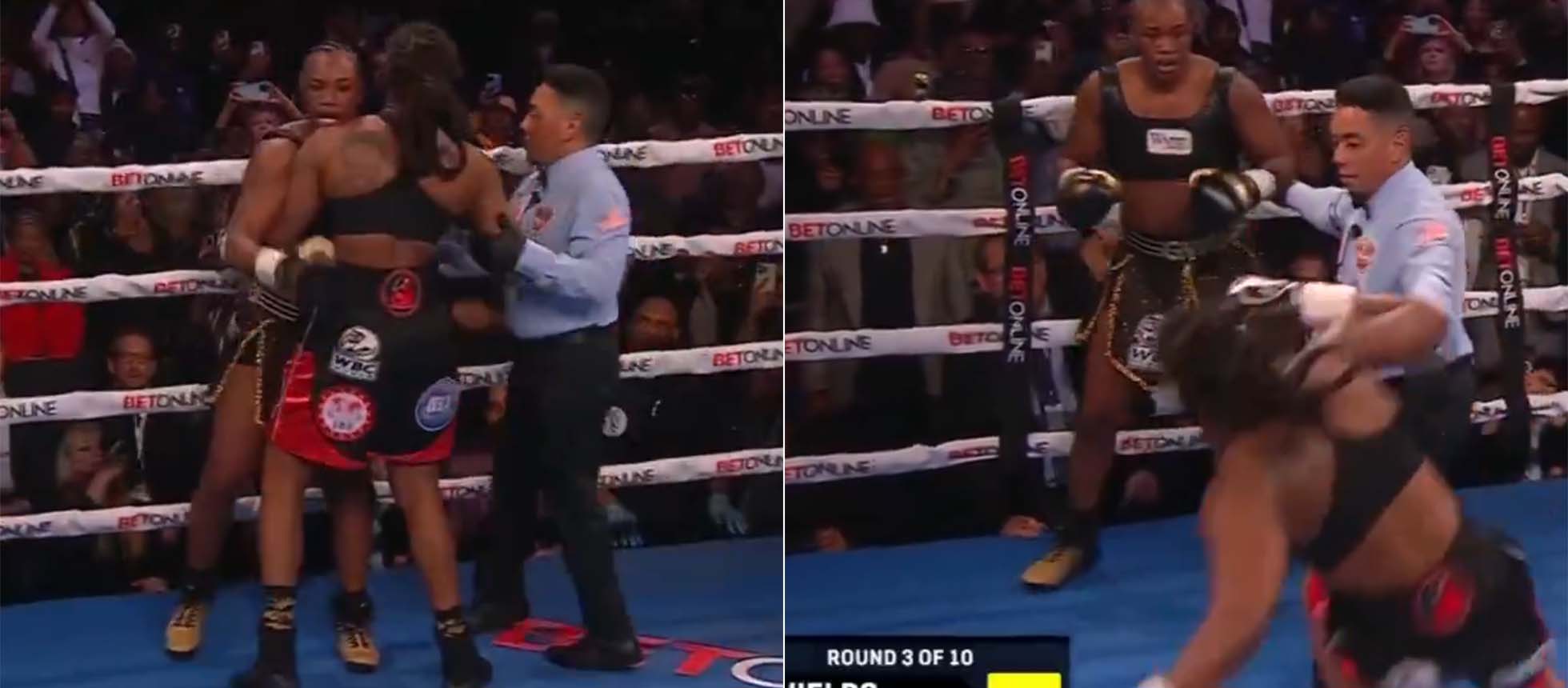 (Video) Female Boxer gets knocked down by ref's light shove